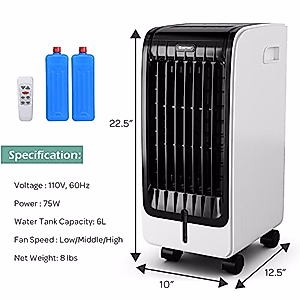 Generic Onnertune 3-IN-1 Evaporative Air Cooler, Portable Bladeless Cooler w/6L Water Tank, Quiet Operation, 8-hour Time Setting, Remote Control, Ultra-Quiet Electric Fan for Home, Office, Dorms