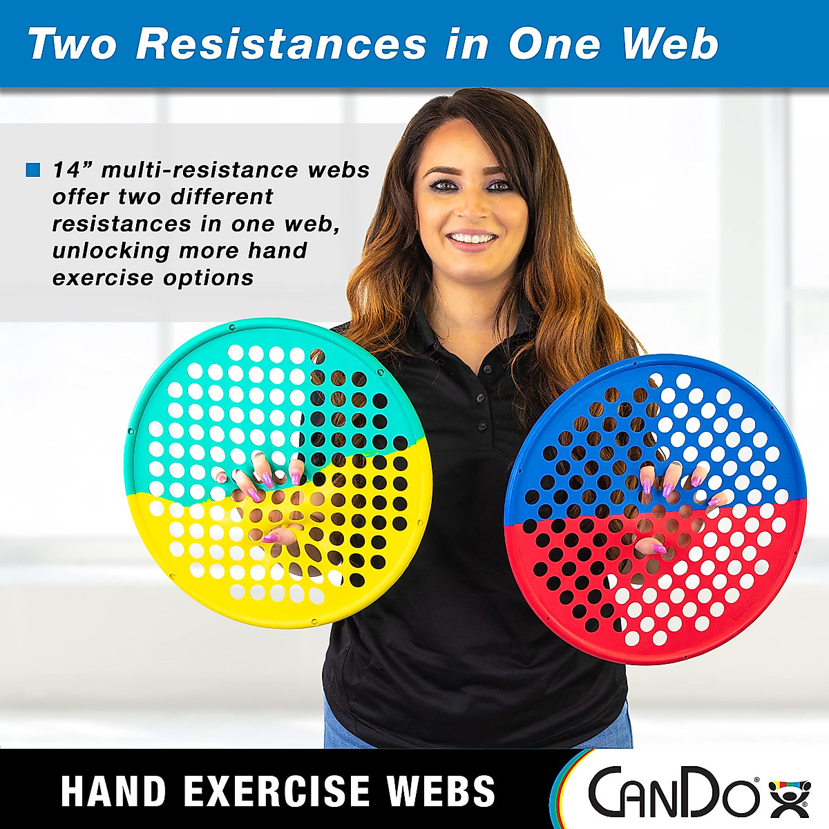 CanDo Hand Exercise Webs for Physical Therapy, Grip Strengthening, and Hand, Finger, Wrist Resistance Workouts, Portable Size, Low Powder, 14" Diameter, Multi-Resistance: X-Light/Medium