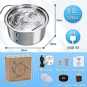 Ofat Home Stainless Steel Cat Water Fountain 3.2L/108oz Automatic Pet Water Fountain with Water Level Window, Quiet Pump Dishwasher Safe