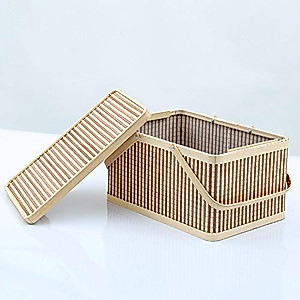 HEFUTE Handmade Bamboo Basket with Lid, Handle Square Portable Organizer with Lock Fit for Clothes Storage Lightweight Durable Easy to Carry