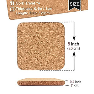 Cork Trivet, 4 Pcs High Density Thick Square Cork Trivets for Hot Dishes, 8 Inch Heat Resistant Multifunctional Cork Coaster, Cork Hot Pads for Table & Countertop