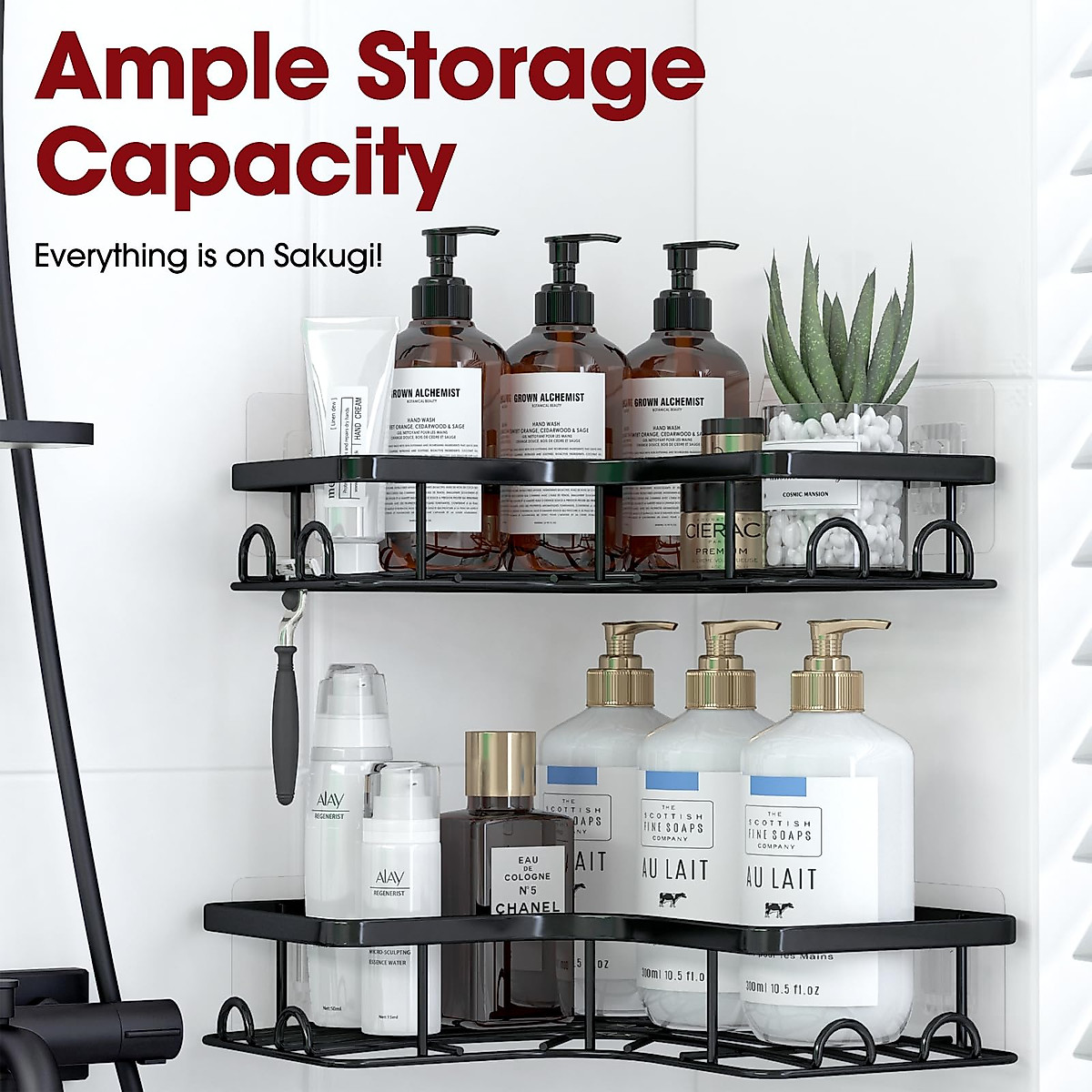 Sakugi Corner Shower Caddy - 2 Pack, Adhesive Shower Organizers, Rustproof Stainless Steel Shower Shelves with 8 Hooks, No Drilling Bathroom Organizers and Storage Racks, Space-Saving, Black,Medium