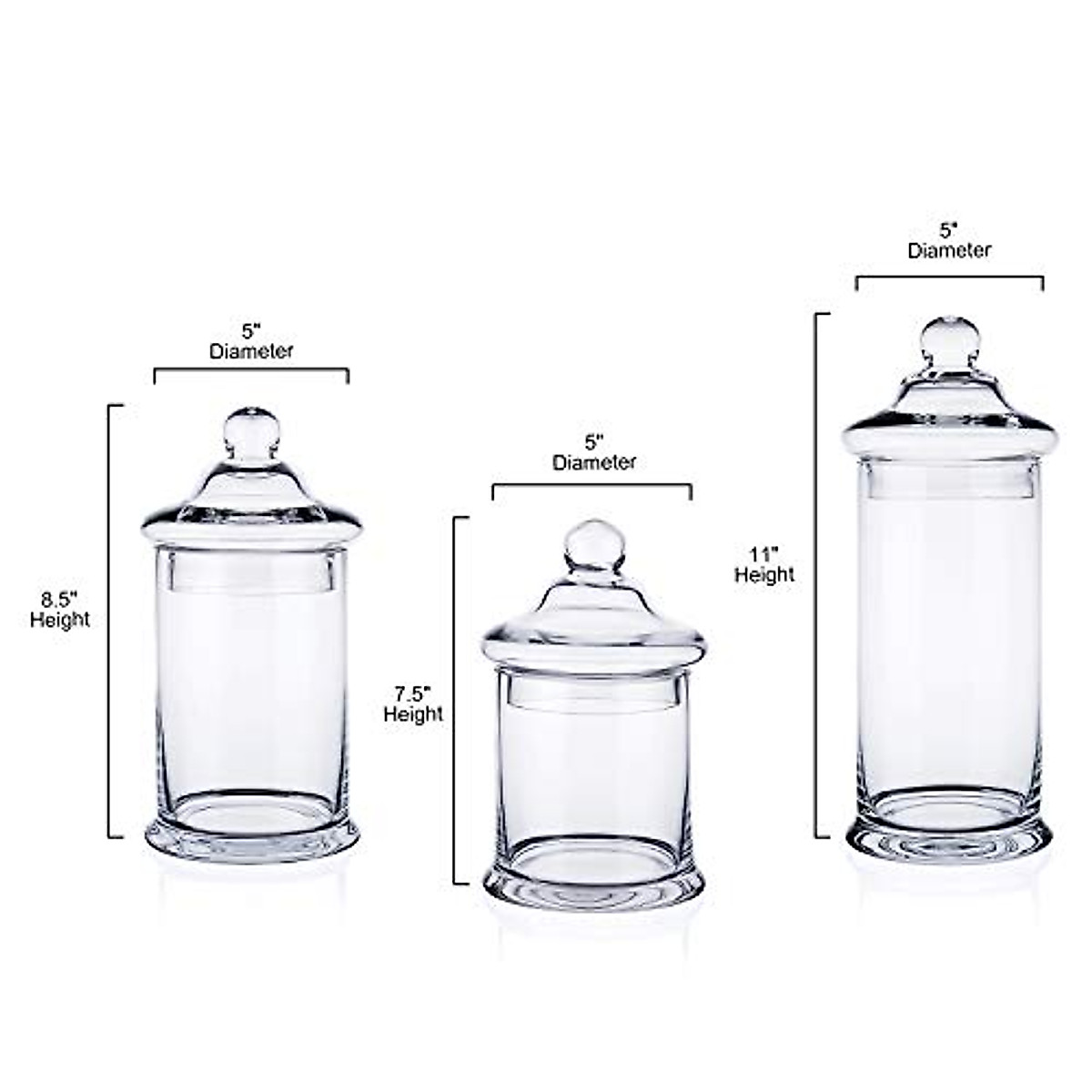 Diamond Star Set of 3 Clear Glass Apothecary Jars Elegant Storage Jar with Lid, Decorative Wedding Candy Organizer Canisters Home Decor Centerpieces (H: 11", 8.5", 7.5" D: 5")