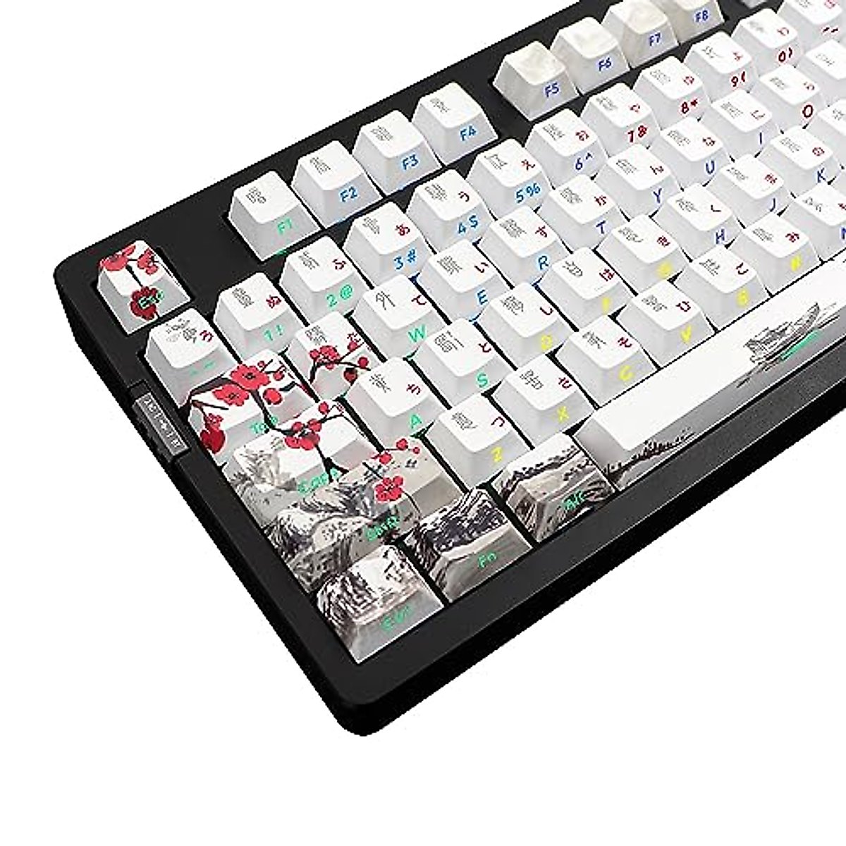JSJT PBT Japanese Keycaps-Side Printed Keycap Set,Double Shot Shine Through Custom Keycaps,Plum Blossom Key Caps 135 Keys Cherry Profile Keycaps for Cherry MX Switchs Mechanical Keycboards
