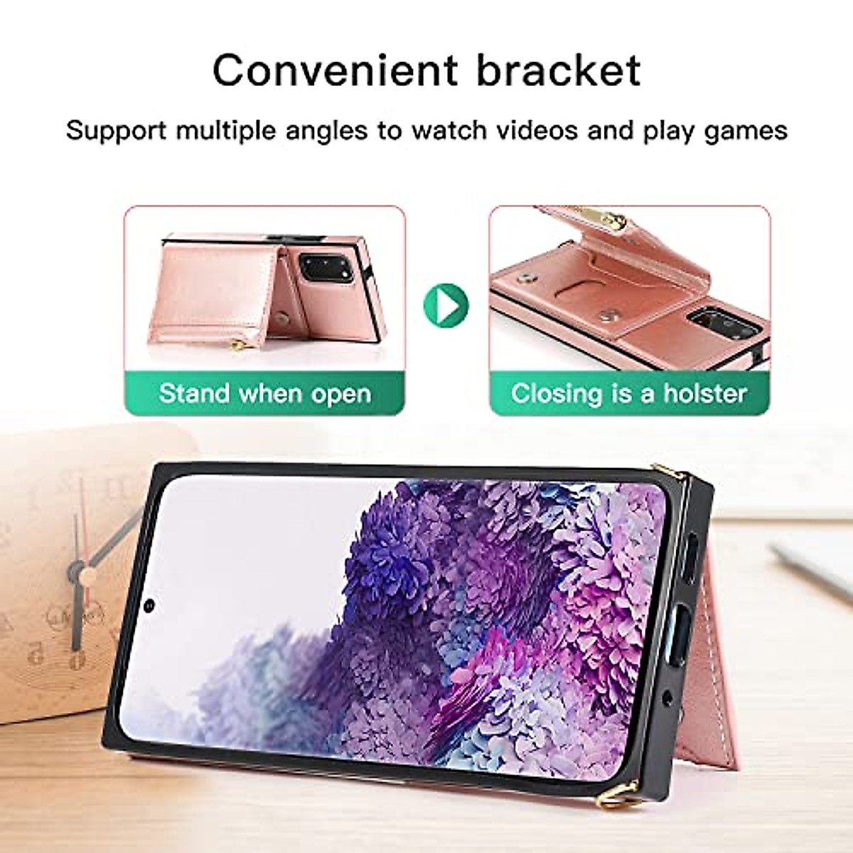 UEEBAI Crossbody Wallet Case for Samsung Galaxy S20 FE 5G, PU Leather Zipper Wallet Case with Card Slots with Removable Crossbody Wrist Strap Kickstand Magnetic Flip Case Cover - Rose Gold