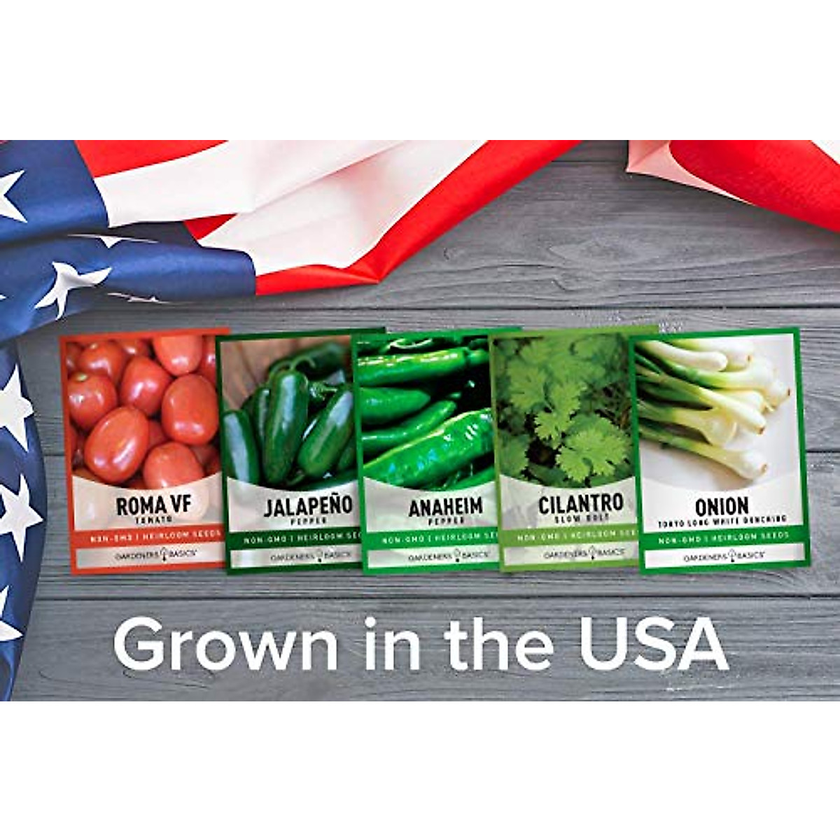 Heirloom Salsa Growing Seed Packets, Roma VF Tomato, Jalapeno, Cilantro, Anaheim and Onion Seeds for Garden Non GMO 5 Free Plant Markers Gardeners Basics