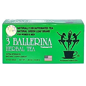 3 Ballerina Chinese Herbal Green Leaf Organic Detox Tea for Weight Loss, Extra Strength- Diet Fat Slimming Drink-Caffeine Free, 18 Tea Bags (1 Box)