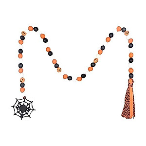 Halloween Wooden Bead Garland with Spiderweb Tassel Rustic Farmhouse Tiered Tray Decor Prayer Bead Wall Hanging Mantle Decor Outdoor Decor Fall Decorations for Home Indoor Outdoor Holiday Decor Autumn