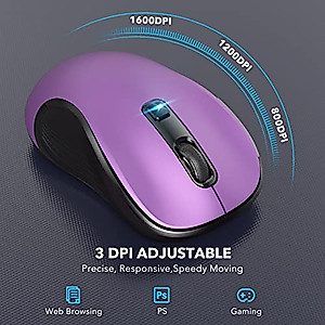 Deeliva Wireless Mouse, Computer Mouse Wireless 2.4G USB Cordless Mouse with 3 Adjustable DPI, 6 Buttons, Ergonomic Portable Silent Mice for Laptop PC Computer Chromebook (Purple)