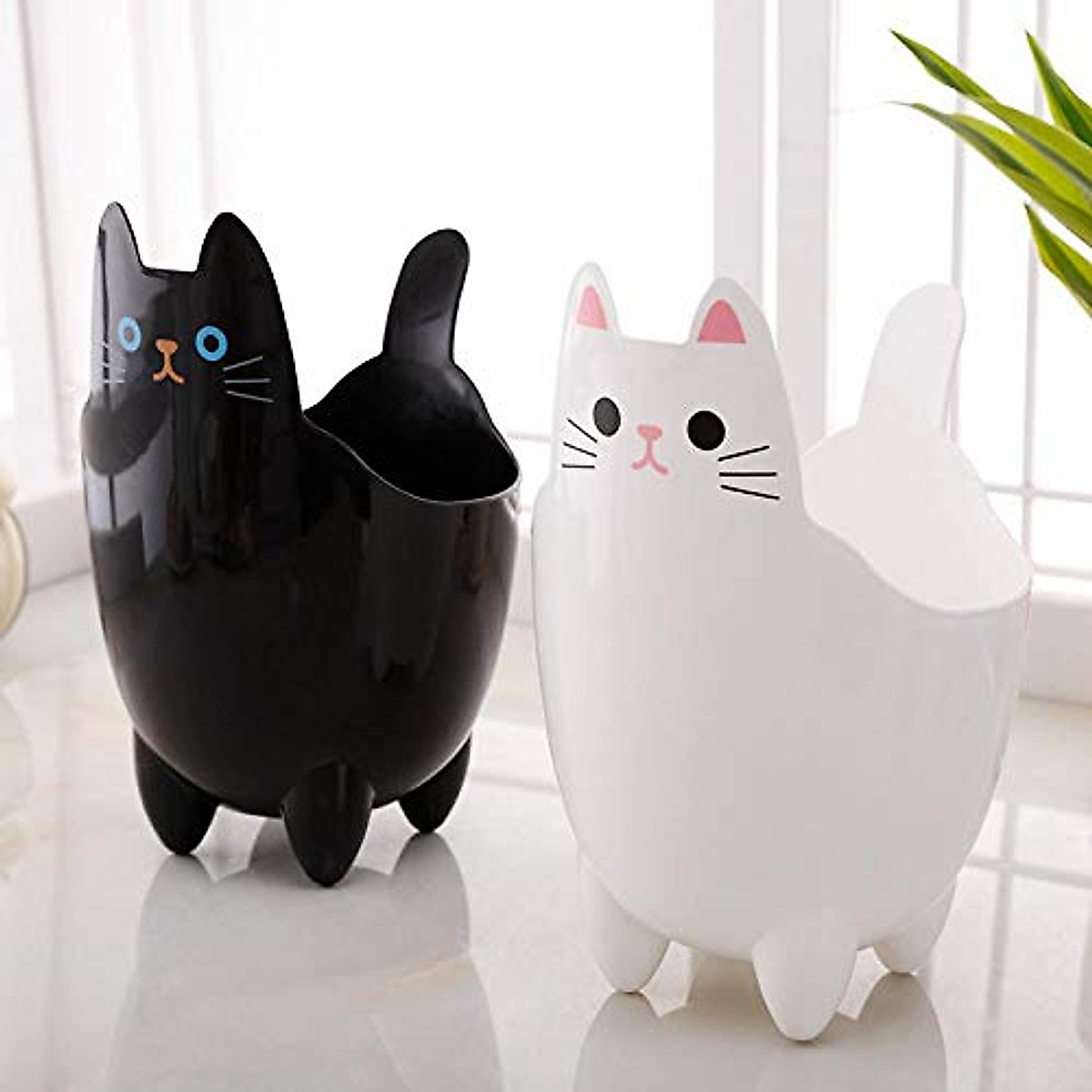 Mozacona 2pcs Cartoon Cat Shape ABS Mini Table Trash Cans Storage Buckets (Black/White)