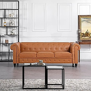 Naomi Home Emery Chesterfield Sofa with Rolled Arms, Tufted Cushions / 3 Seater Sectional Sofa Couch for Small Spaces, Living Room, Bedroom, Apartment, Easy Tool-Free Assembly, Caramel, Air Leather