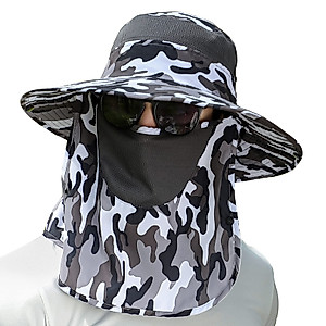 UPF 50+ Sun Fishing Hat for Men Women Wide Brim Hat with Detachable Face Cover & Neck Flap Grey Camo