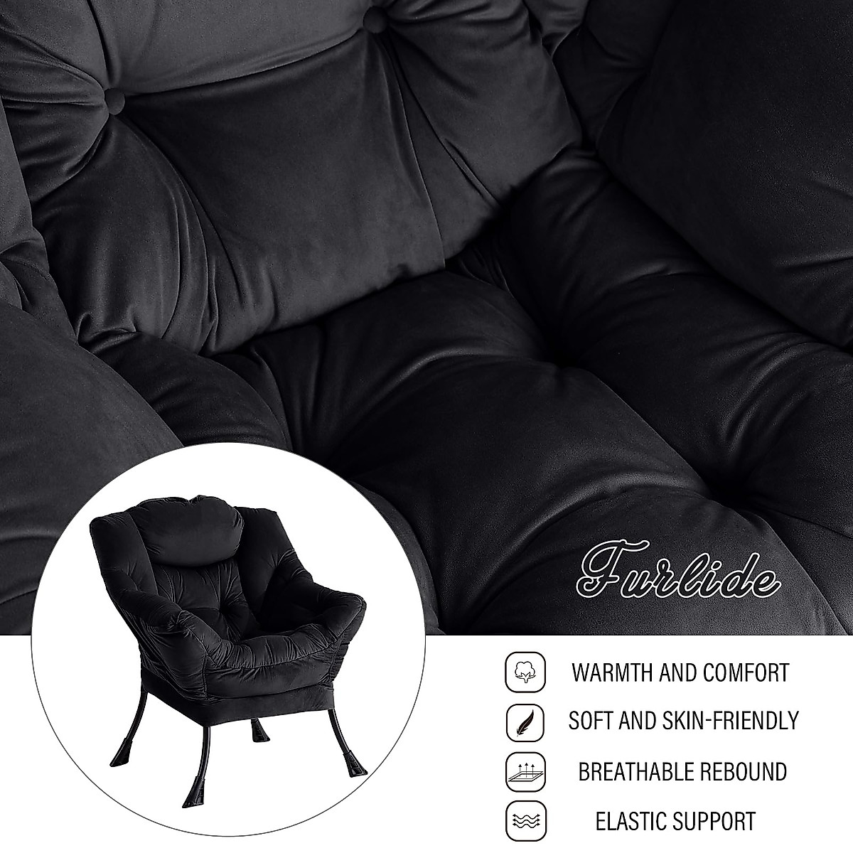 Furlide Lazy Chair with Ottoman, Modern Chair with Folding Footrest, Lounge Accent Chair, Comfortable Reading Chair, Oversized Armchairs for Bedroom, Study, Living Room, Courtyard (Black)