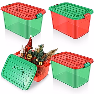 Abbylike 37 Quarts Christmas Storage Bin Holiday Seasonal Storage Totes with Lids Red Green Christmas Ornament Storage Containers for Christmas Home Organization Holiday Decoration(4 Pcs)