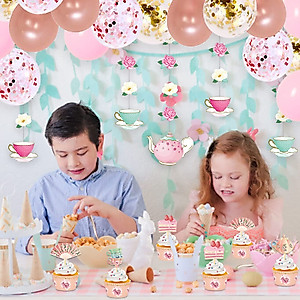 JOPARY Tea Party Decorations with LET'S PAR TEA Aluminum Foil Balloons Floral Tea Party Hanging Decorations Latex Balloons and Teapots Teacups Cupcake Toppers for Lets Par-Tea Party Decor