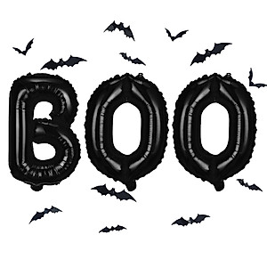 BOO Foil Balloons Set with 3D PVC Bats, Black 16 Inch Halloween BOO Banner Balloon Kit with 12pcs Fake Bats, Boo Mylar Letter Balloons Bunting for Horror Halloween Night Party Decorations Supplies