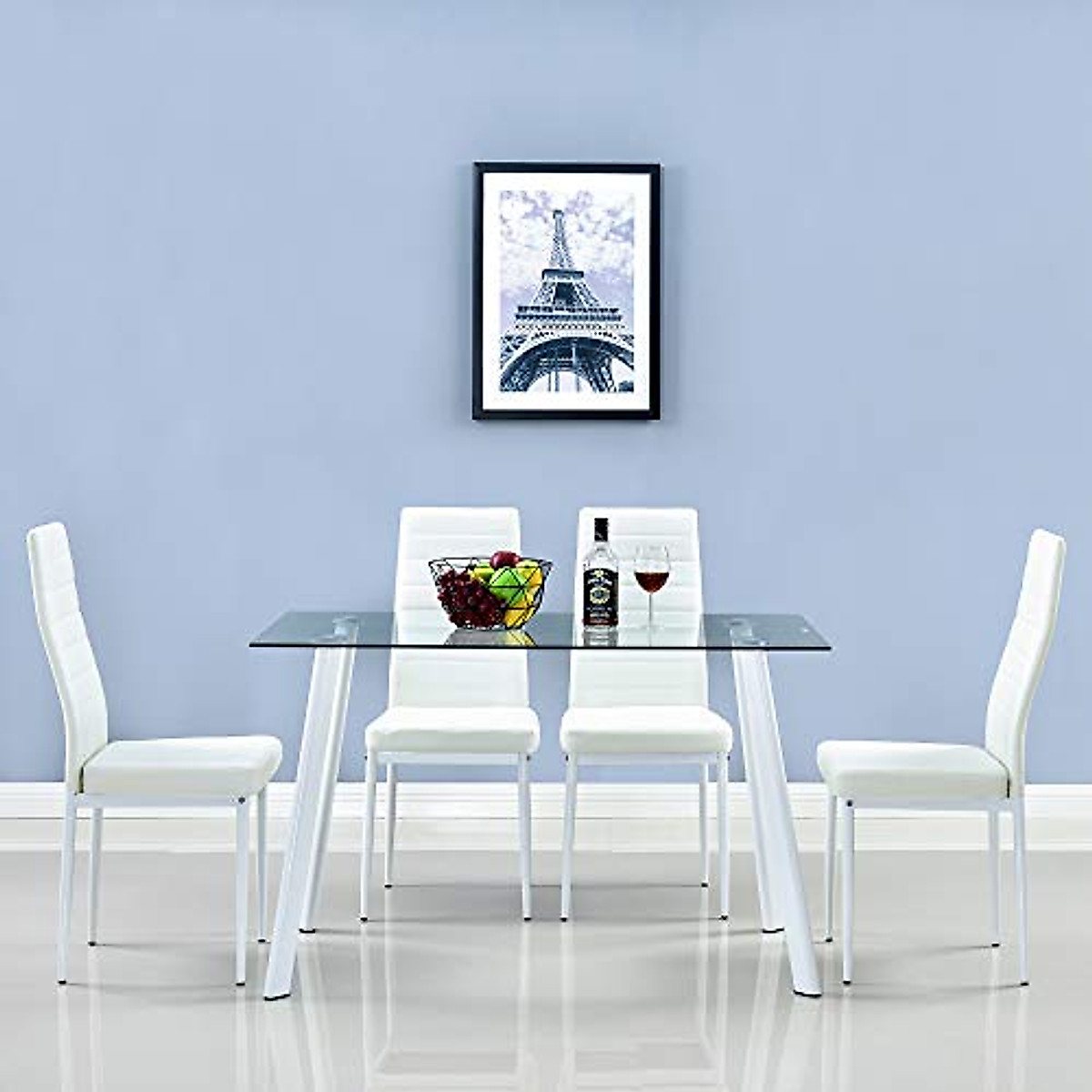 Bonnlo 5 Pieces Dining Table Set,Modern White Dining Room Table Set for 4,Small Kitchen Table and Chairs Set for 4,Glass Dinner Table Set with PU Leather Metal Frame Chairs,Clear&White