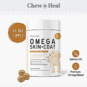 Chew + Heal Salmon Oil for Dogs - 180 Soft Chew Omega Treats for Skin and Coat - Fish Oil Blend of Essential Fatty Acids, Omega 3, 6, and 9, Vitamins, Antioxidants and Minerals - Made in USA