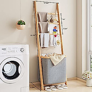 Blanket Ladder with Basket, 17.3”L x 55.1”H, Bamboo Towel Rack with Storage Hamper Basket, Blanket Holder Rack, Wall Leaning Decorative Ladder Shelf, Drying Display Rack for Bathroom Living Room Home