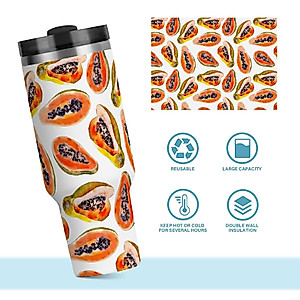 Yasala Car Tumbler with Handle Papaya Watercolor Travel Mug Coffee Cup Insulated Beverage Container Mega Cup for Hot Cold Drinking Thermos Water Bottle Cupholder Friendly 40 oz