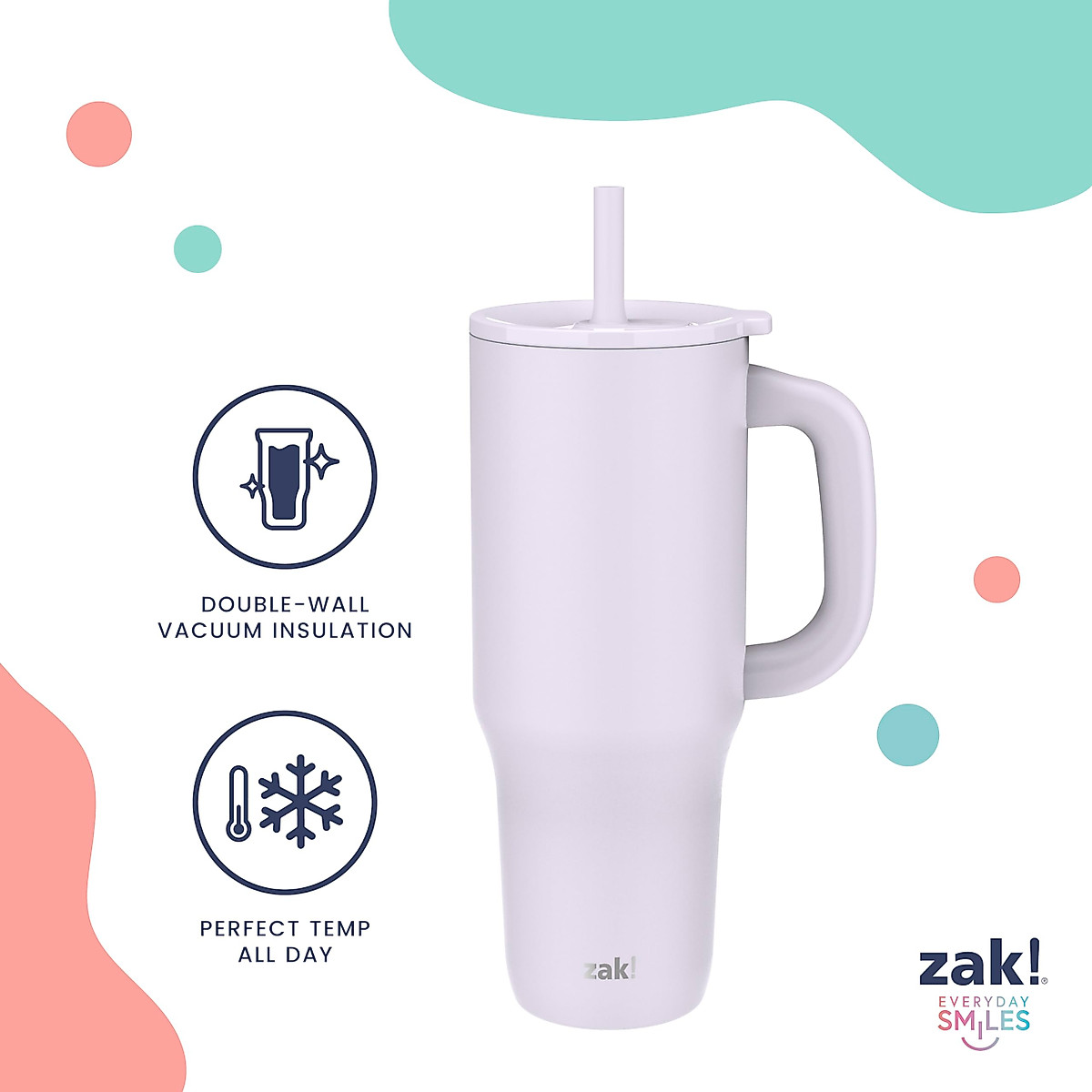 Zak Designs Sutton Travel Tumbler for On the Go, 40oz Stainless Steel with Vacuum Insulation, Silicone Straw, and Carry Handle for Cold Drinks (Icicle Mint Green)