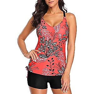 Tempt Me Two Piece Tankini Swimsuits for Women Tummy Control Bathing Suit with Shorts Athletic Swimwear Coral XL