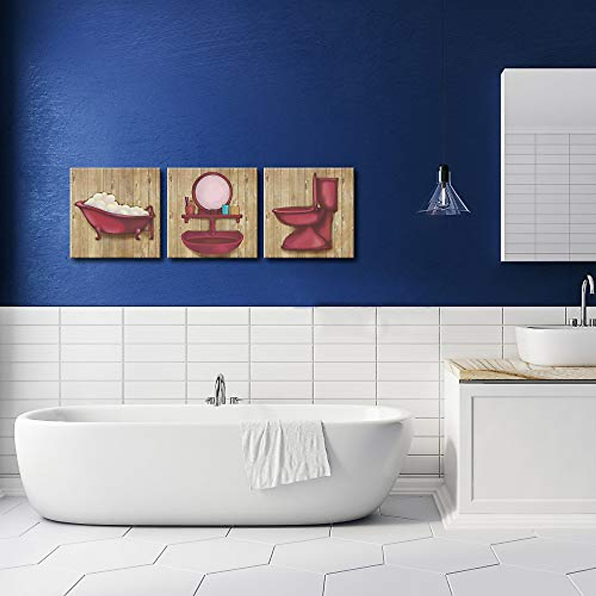 LoveHouse Bathroom Canvas Wall Art Prints Rustic Bath Sets Red Wall Decor Still Life Picture Poster Print On Canvas for Home Shower Room Decoration Stretched Framed Ready to Hang 12x12inchx3panel