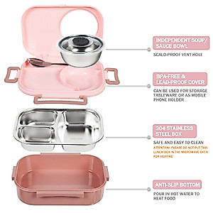 Puraville Stainless Steel Bento Lunch Box for Kids and Adults,Stackable BPA-Free Food Containers with 3 Compartments and Reusable Sauce Bowl, Fork and Spoon, (1000ml/34oz,Pink) …