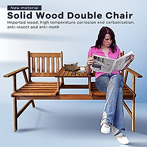 HCY Outdoor Bench, Garden Bench Patio 2 Person Chair Front Porch Decor Middle Table Conversation Sets with Umbrella Hole Backrest Armrests,for Outdoor, Park, Yard (Natural ,60 x 26x 34 Inches