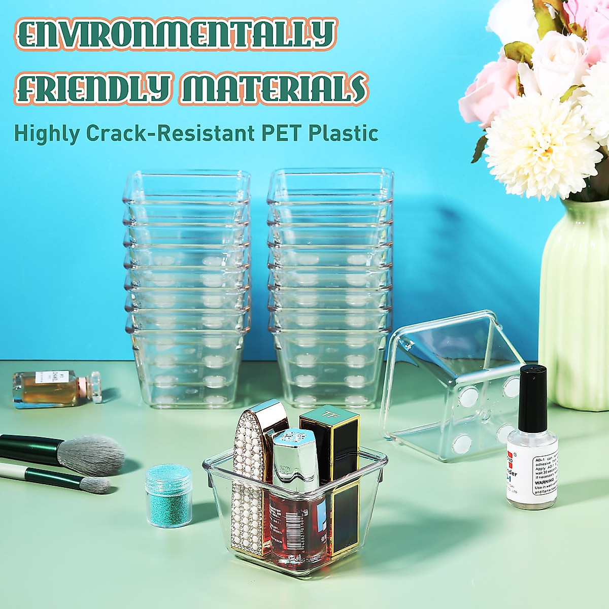 Tioncy 16 Pcs Clear Drawer Organizers 3" x 3" x 2" Stackable Small Makeup Vanity Storage Bins Small Desk Drawer Organization Clear Container Dividers for Makeup Vanity Office Bathroom Kitchen Utensil