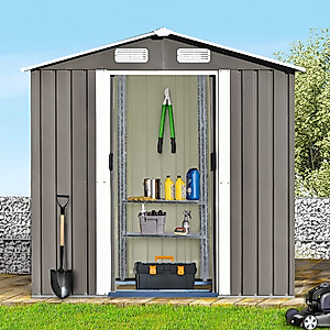 Merax Outdoor Storage Shed, 6 x 4 FT Metal Garden Shed Steel Tool Shed Storage House with Adjustable Shelf and Lockable Door,Tool Cabinet with Vents and Foundation for Backyard, Patio & Lawn, Gray