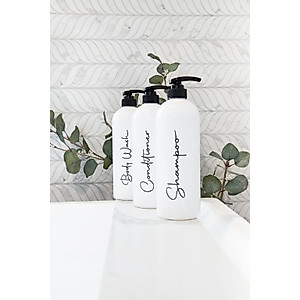 Alora 32oz Reusable Shampoo and Conditioner Bottles - Set of 3 - Easy to Read Labels - Pump Bottle Dispenser for Shampoo, Conditioner, Body Wash - Empty Plastic Refillable Containers for Shower