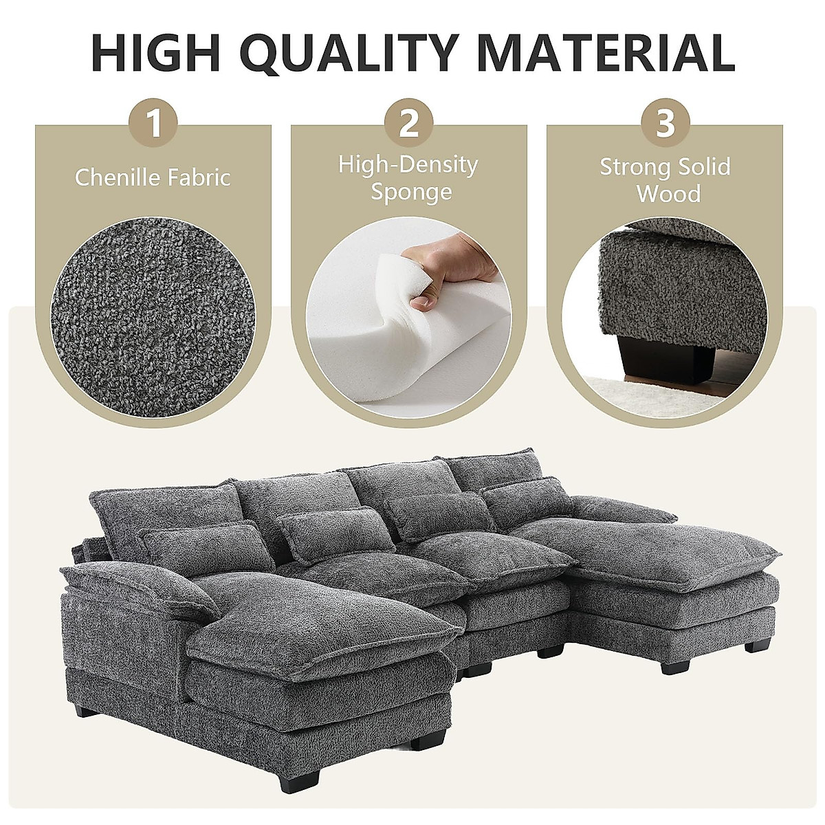 Lakifun Convertible Sectional Sofa, Chenille Fabric U Shaped Couch 4 Seat Sofa with Double Chaises for Living Room, Grey