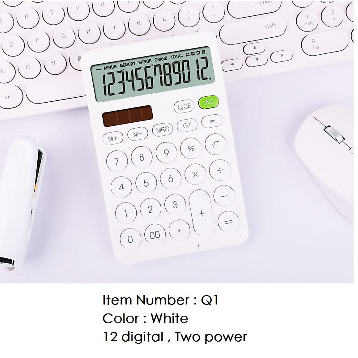 MJWDP 12 Digit Desk Calculator Large Big Buttons Financial Business Accounting Tool White Battery and Solar Power