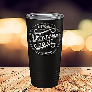 Cuptify 1991 Aged to Perfection Vintage 32nd Birthday Gift for Men and Women 32 Years Old on Black 20 oz Insulated Stainless Steel Tumbler with Lid