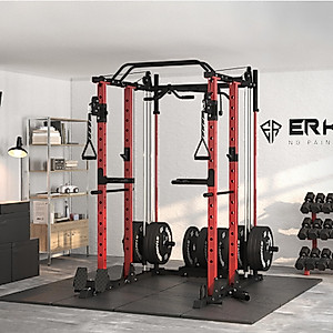 ER KANG Multi-Functional Power Rack, Power Cage with Dual Pulley System, Strength Training Squat Rack Home Gym Fitness