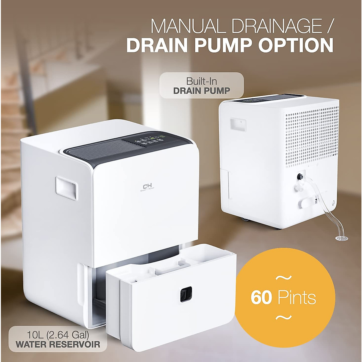 Cooper & Hunter 50 Pint Dehumidifier with Drain Pump for Large Room or Basements 4,500 Sq. Ft, 6L Water Tank (70 pint 2012 DOE standard)