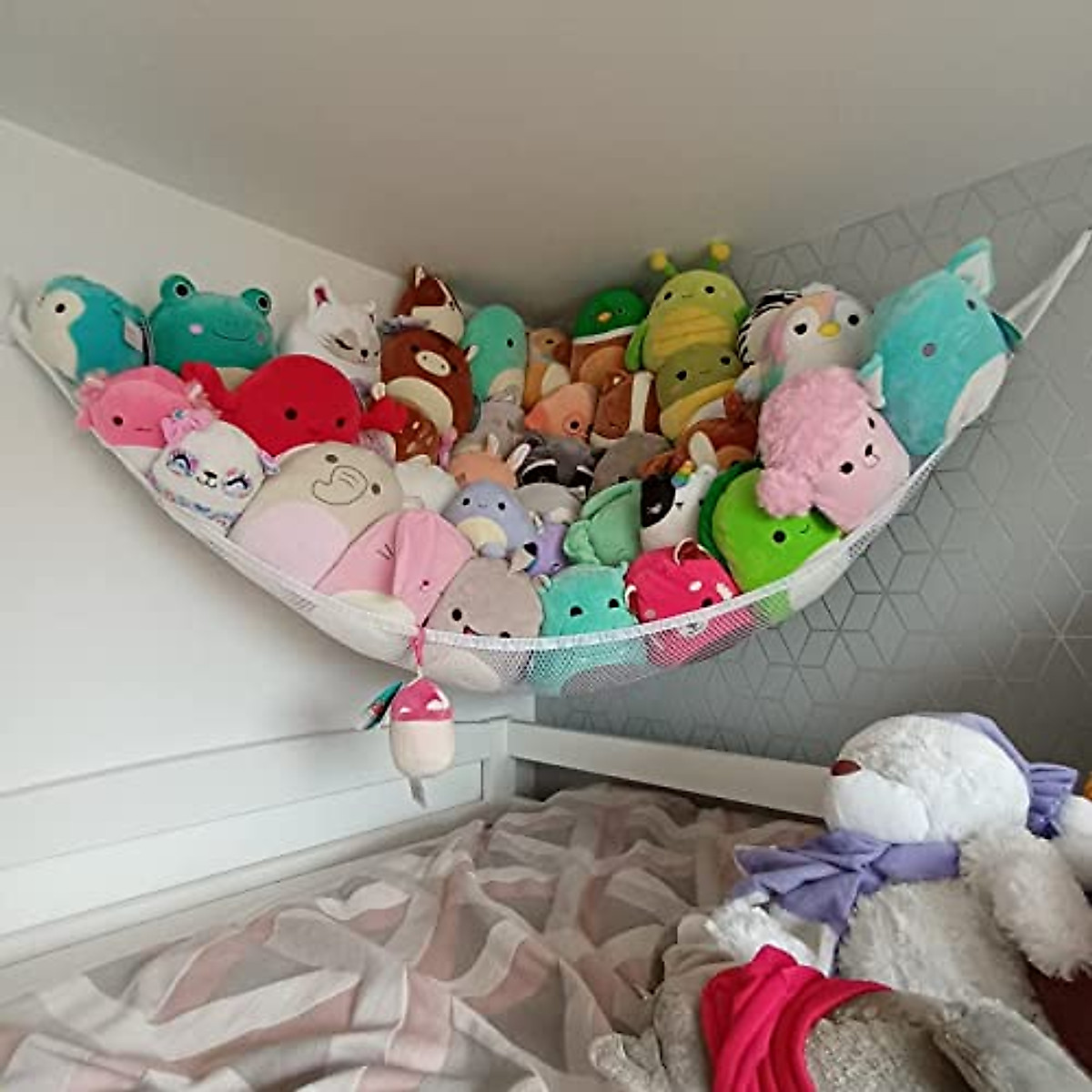 Powkoo Toy Hammock Stuffed Animals Storage Hammock Stuffie Squishmallows Party Hammock Toy Organizers Collection | Size:72" x 48" x 48" (White)