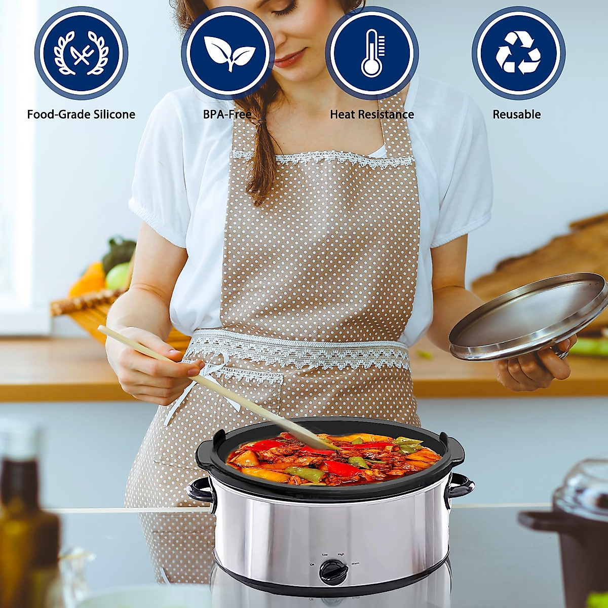 Silicone Slow Cooker Liner Fit 6-7 Quart Oval Slow Cookers, Food Grade Silicone Slow Cooker Liners Reusable & Leakproof Dishwasher Safe Slow Cooker Liner