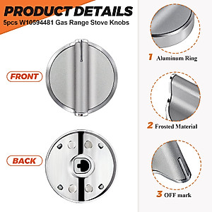 𝟮𝟬𝟮𝟰 𝙐𝙥𝙜𝙧𝙖𝙙𝙚𝙙 W10594481 Gas Range Stove Knobs 5pcs Replaces for Whirlpool Range/Oven WCG97US6DS00 WCG97US0DS00 - W10594481 Stainless Steel Cooker Stove Control Knobs Replaces AP6023301