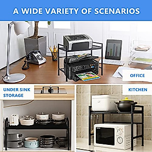 Expandable Microwave Oven Rack, 2 Tiers Metal Heavy Duty Microwave Stand, Adjustable Countertop Kitchen Organizer with 3 Hooks (Black, H-frame 2 tier)