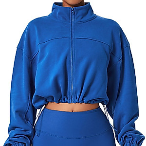 Pissente Womens Running Jacket Full Zip Stand Collar Long Sleeve Drawstring Hem Running Yoga Cropped Shirts(M-Blue)