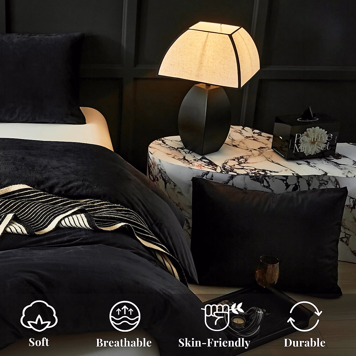 WARMDERN Black Velvet Duvet Cover King Size Flannel Duvet Cover Bedding Sets, 3pcs Ultra Soft Luxury Textured Modern Crystal Velvet Duvet Covers with Zipper Closure(Black, King)