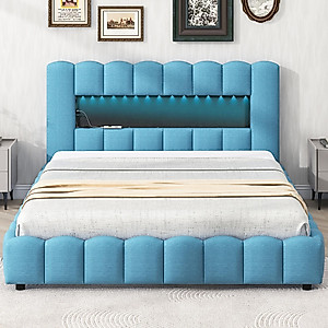 Morhome LED Lights Headboard, Platform Bed Frame Queen Size with Outlets and USB Ports, Upholstered Bed with Storage, No Box Spring Needed