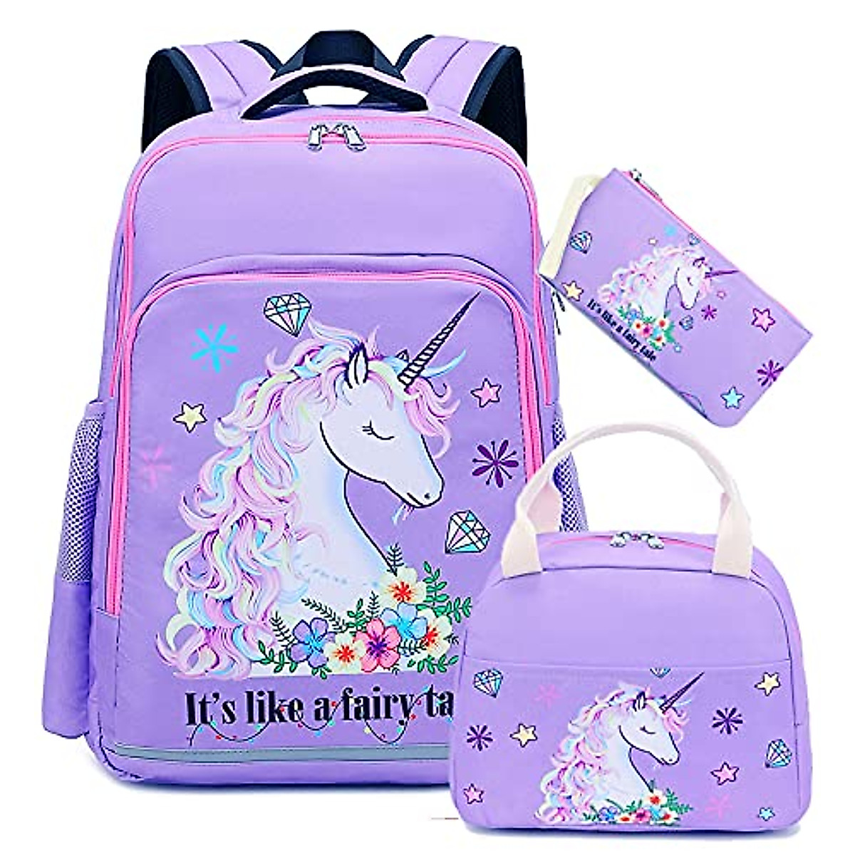 BTOOP Girls Backpack Kids Elementary Bookbag Girly School Bag with Insulated Lunch Tote and Pencil Pouch (Purple -3pcs)