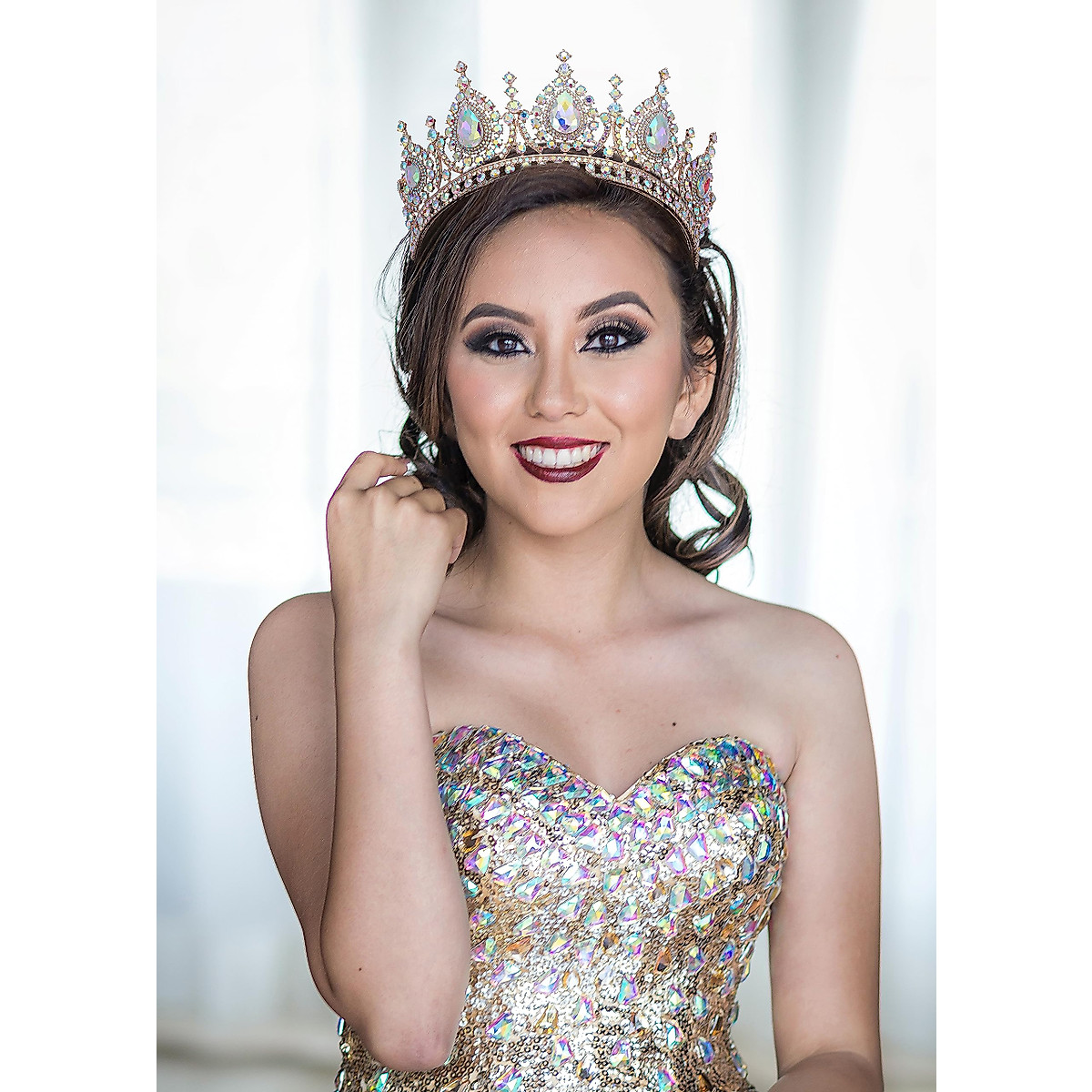 SWEETV Rose Gold Tiaras and Crowns for Women Iridescent Bridal Crown for Wedding Halloween Costume Hair Accessories for Photo Shoot Prom Birthday Party