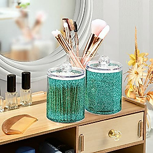 MCHIVER Teal Green Turquoise Glitter Bathroom Canisters Organizer 2 Pack Clear Plastic Jars with Lids 10 Oz Makeup Organizer for Cotton Ball Swab Round Pads Floss