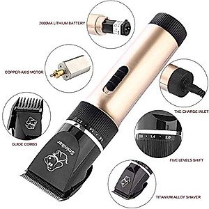 Sminiker Professional Low Noise Rechargeable Cordless Cat Dog Horse Clippers Professional Pet Clippers Grooming Kit,animal clippers Pet Grooming Kit(Gold)