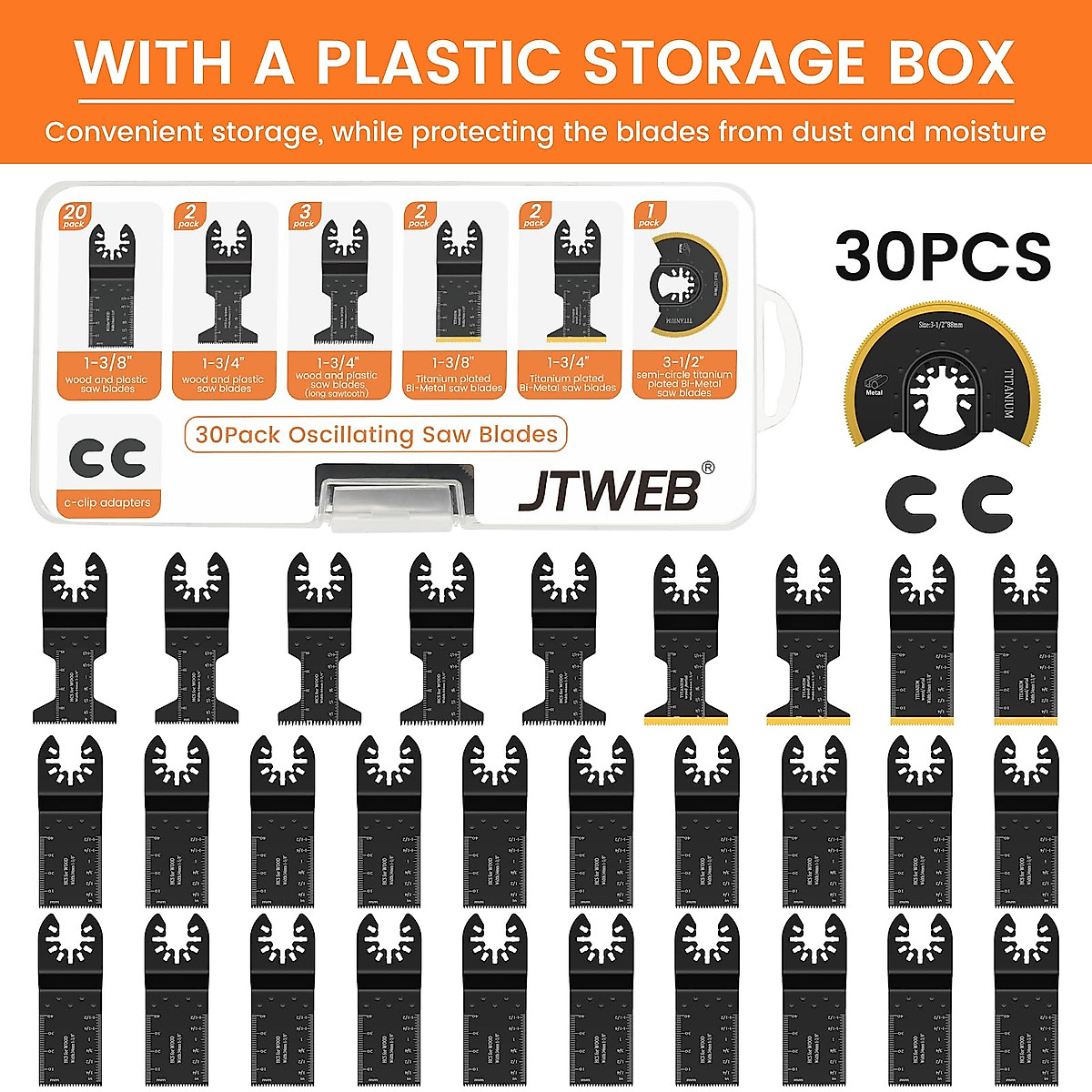 JTWEB 30PCS Oscillating Saw Blades Titanium Oscillating Multitool Blades, Universal Quick Release Multi Tool Blades Kits Wood and Metal Plastics Cutting for Bosch Ryobi Milwaukee Fein