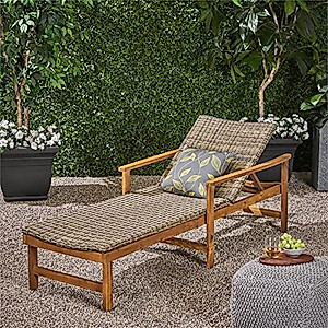 Kyle Outdoor Rustic Acacia Wood Chaise Lounge with Wicker Seating, Natural and Mixed Mocha